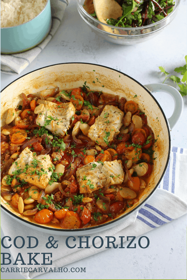 Cod and Chorizo Traybake with Tomato and Butter Beans - Carrie's Kitchen