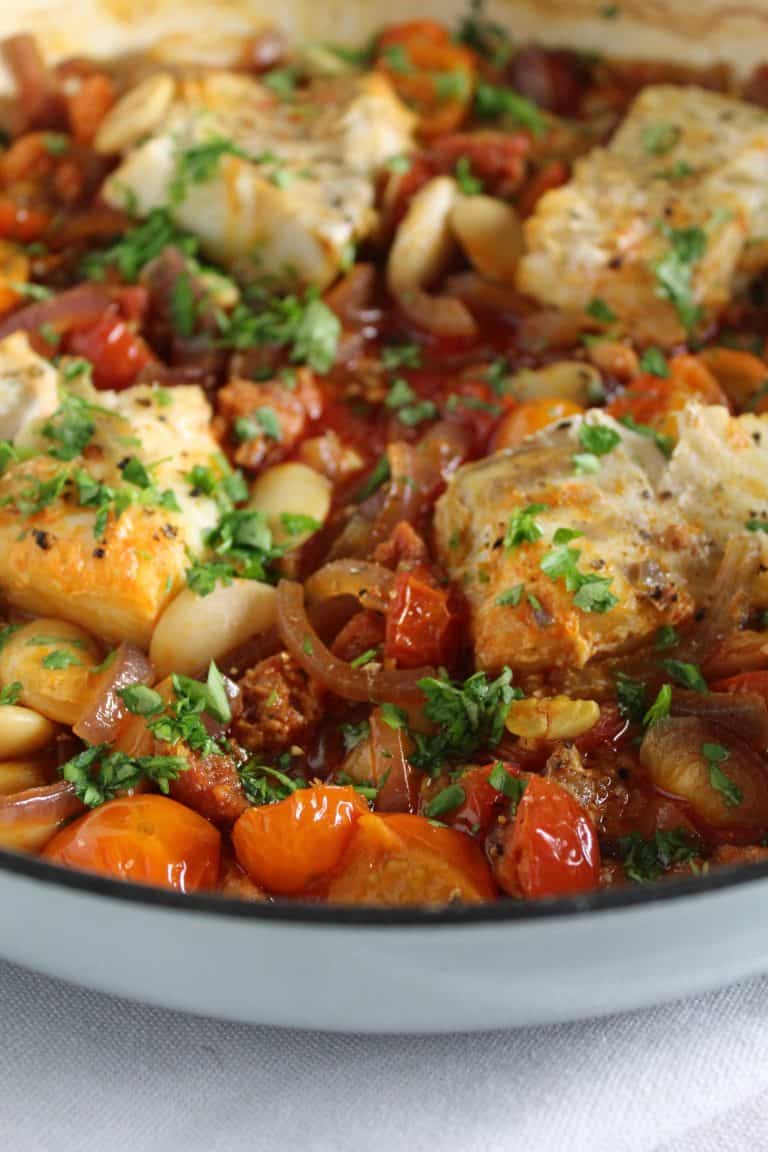 Cod and Chorizo Traybake with Tomato and Butter Beans - Carrie's Kitchen