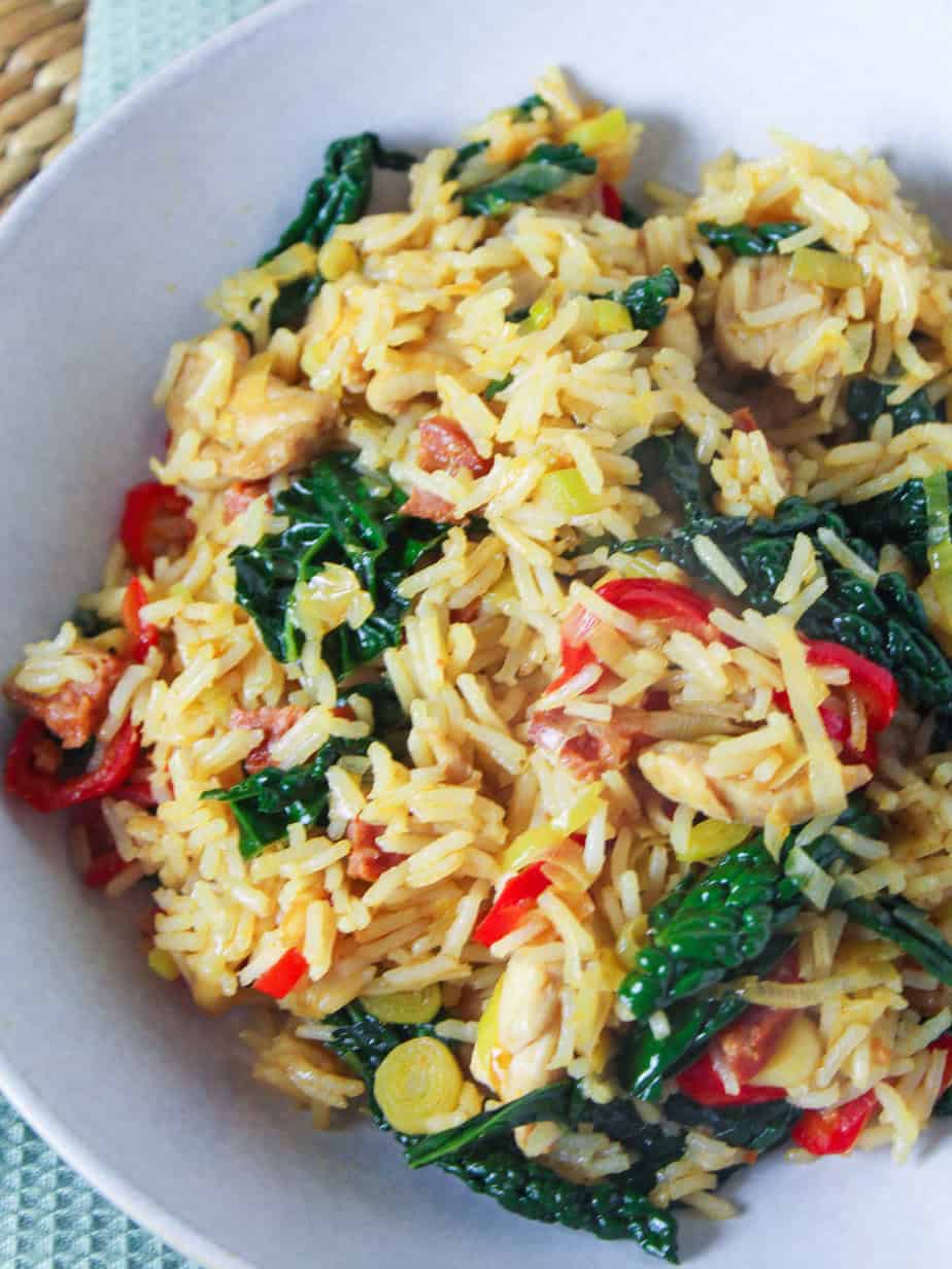 Chicken and Chorizo Stir-Fry with Leeks and Kale - Carrie's Kitchen