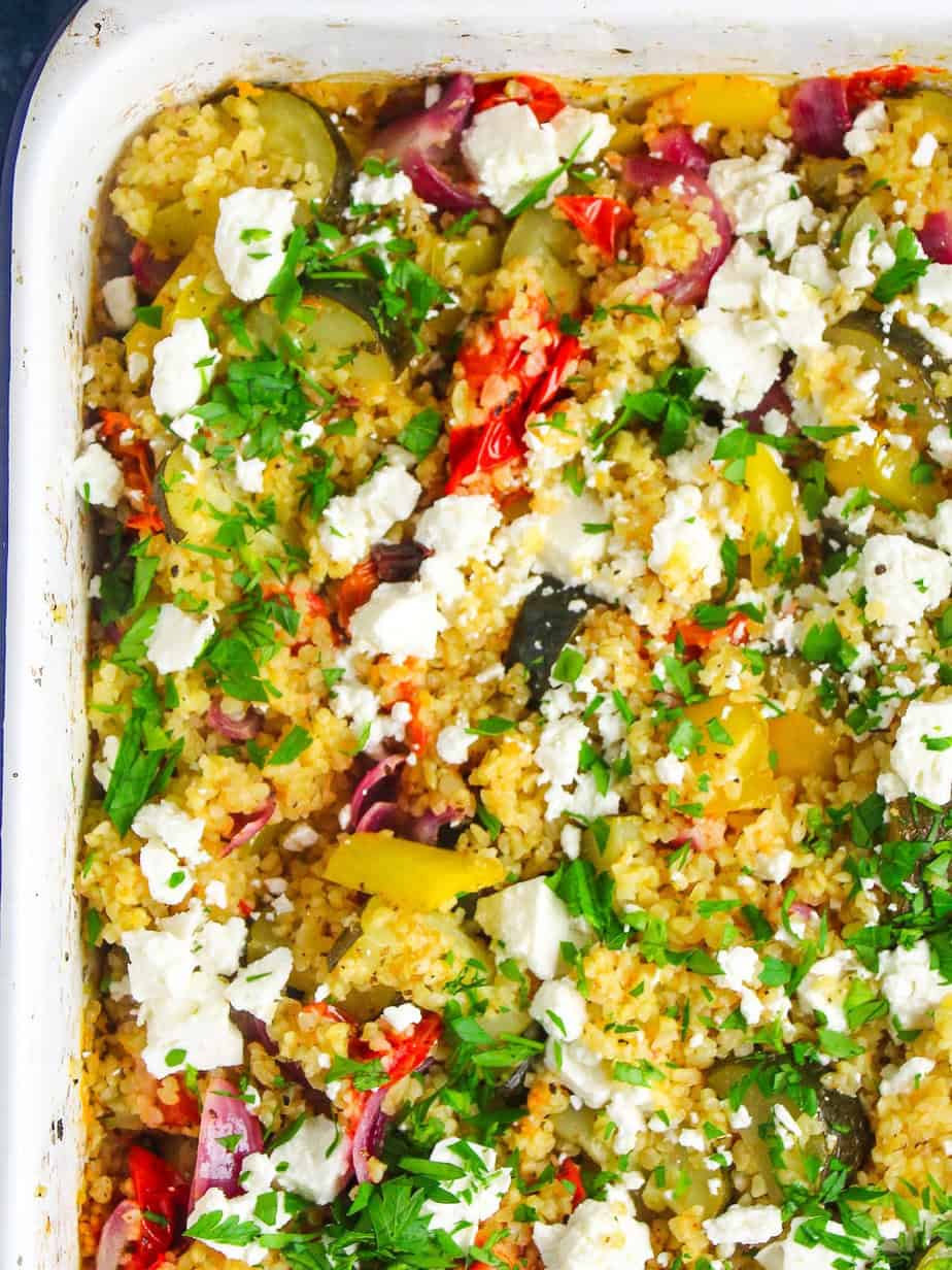 Baked Bulgur Wheat Salad with Roast Vegetables and Feta - Carrie's Kitchen